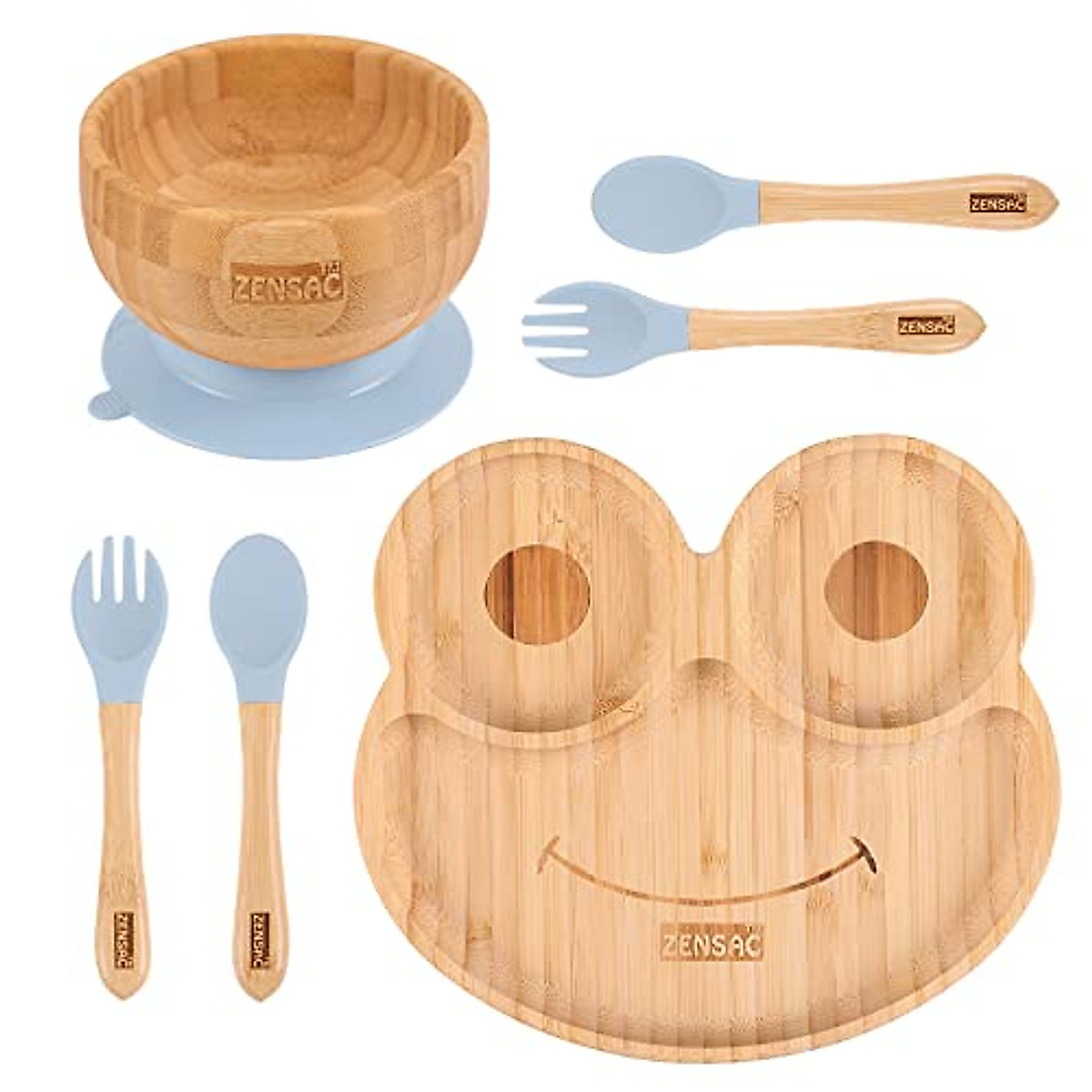 6PCS Bamboo Baby Feeding Set, Baby Suction Bowl & Plate with Silicone Spoons & Forks, Wooden Feeding Supplies for Infant & Toddlers, Baby Led Weaning Supplies Non Slip & BPA Free (Powder Blue)