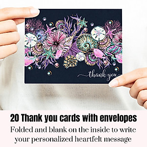 Paper Clever Party Enchanting Seashell Thank You Cards with Purple Envelopes for All Occasions, Showers, Wedding, Everyday Essentials, Simple Mermaid Note Set Folded, 20 Pack