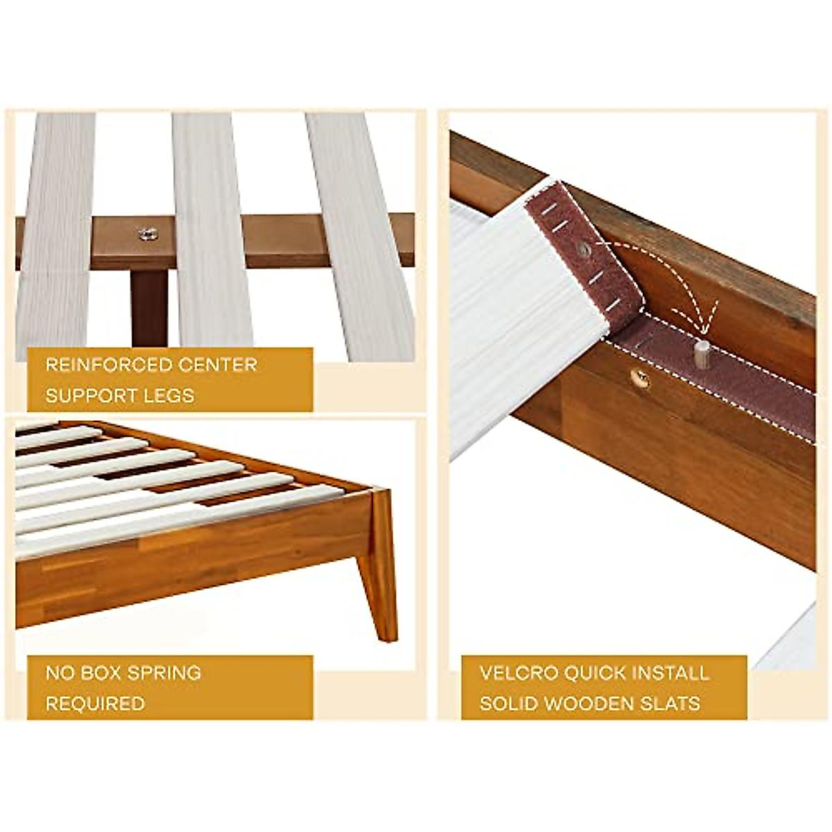 Acacia Emery Bed Frame with Headboard Solid Wood Platform Bed, Bed Frame King, Scandinavian Signature Wood Bed Compatible with All Mattresses, Non-Slip and Noise-Free, Caramel