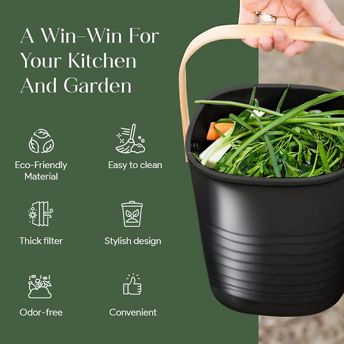 Bamboo Fiber Compost Bin Kitchen Counter - Stylish Indoor Compost Bucket for Kitchen Countertop - Includes 2 Charcoal Filters 15mm Thick - Recycling Trash Food Waste Composter Bins (Black)