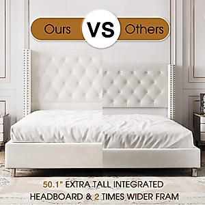 PaPaJet Bed Frame Queen Size Upholstered Bed Velvet Low Profile Platform Bed with Raised Wingback Headboard/No Box Spring Needed/Easy Assembly/Cream