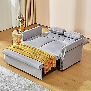 NOSGA Double Sofa Bed, 53.14" Pull Out Sofa Bed Velvet Convertible Sleeper Sofa Bed Velvet Sleeper Sofa Bed with 2 Pillows Adjustable Backrest Modern Adjustable Bed Lounge Chaise, Grey-1