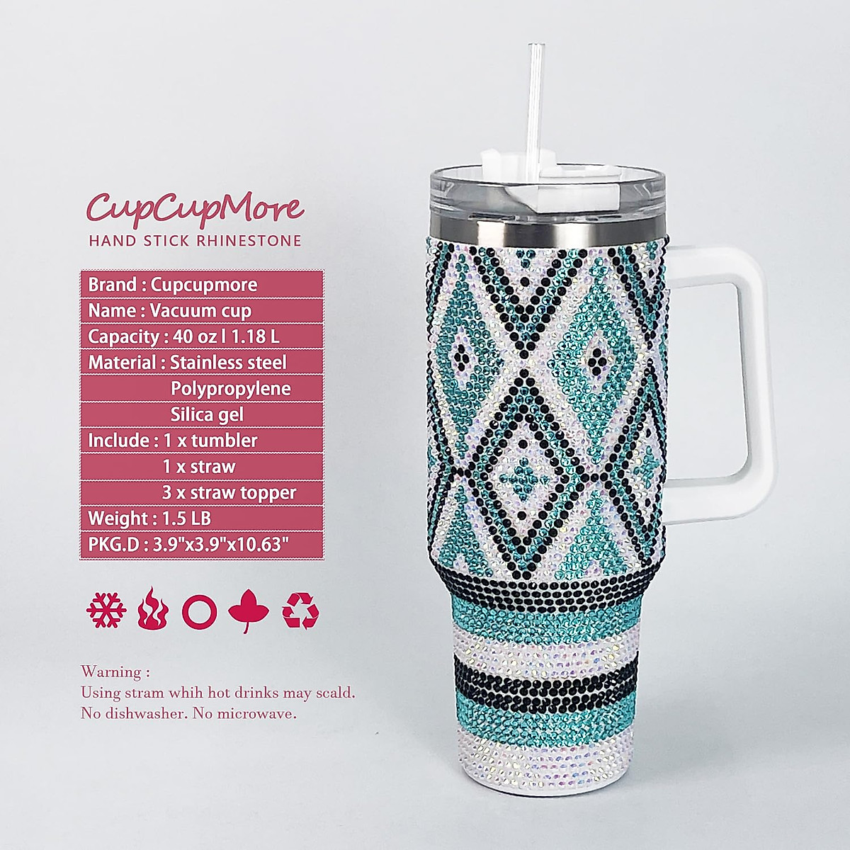 Cupcupmore 40oz Blue Diamond Bling Rhinestone Stainless Steel Sippy Tumbler Glitter Vacuum Insulated Water Bottle with Straw & Lid &Handle,Thermos for Hot & Cold Drinks,Car Cup Holder,Coffee