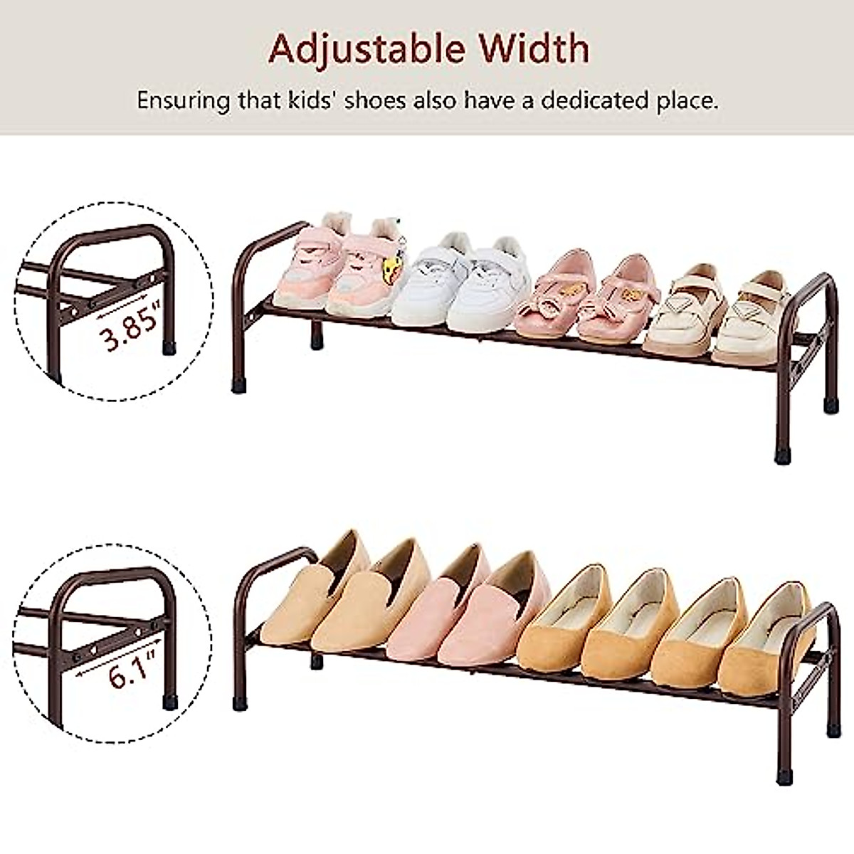 Gewudraw 1-Tier Shoe Rack Expandable, Width Adjustable Shoe Shelf Storage Organizer, 41.53'' Metal Standing Shoe Rack for Bedroom Entryway Closet, Holds up to 6 Pairs Shoes, Brown