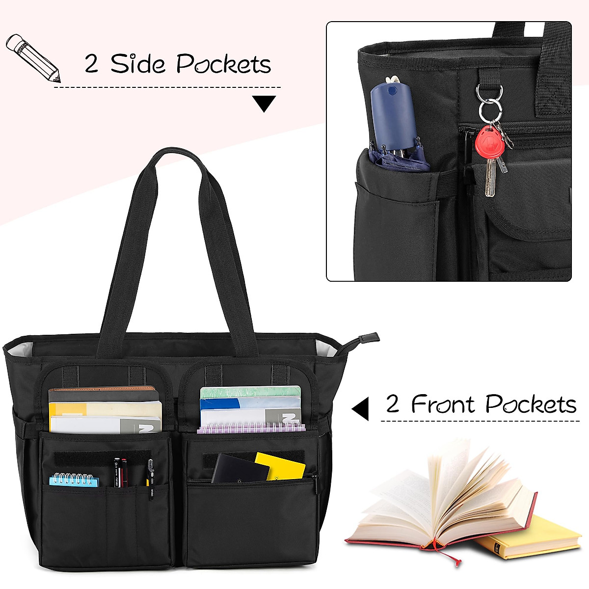 LoDrid Teacher Tote Bag with Bottom Pad, with Separated Storage Laptop Layer (up to 15.6 Inch), Teacher Carry Bag with Large Compartment, Teacher Bags and Totes for Women, Black