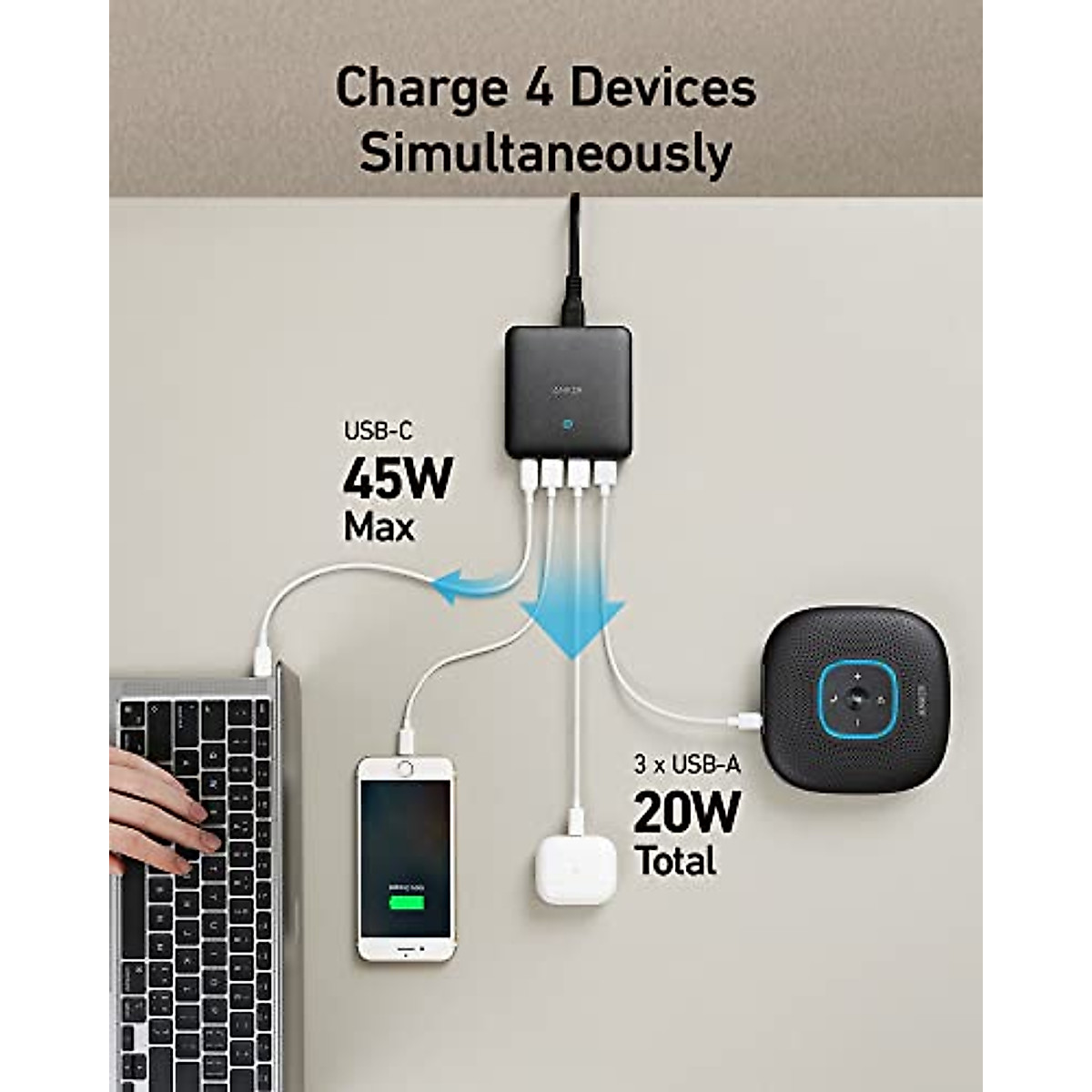 Anker 65W 4 Port PIQ 3.0 & GaN Fast Charger Adapter, PowerPort Atom III Slim Wall Charger with a 45W USB C Port, for MacBook, USB C Laptops, iPad Pro, iPhone, Galaxy, Pixel and More