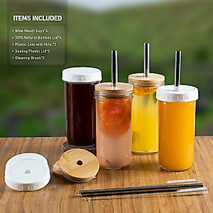 [Pack of 4] Mason Jar Glass Cups With Lids And Straws 24 Oz, Smoothie Boba cup With Bamboo Lids, Reusable Glass Iced Coffee Cups, Wide Mouth Bubble Tea Cup, Leak Proof Glass tumbler Drinking