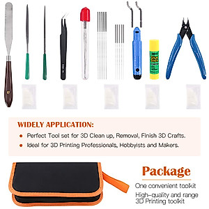 Rustark 25 Piece 3D Printer Tool Kit Full Range Tools for Cleanup Removal Finish Including Trimming Blade 0.4mm 0.35mm Needle Tweezers File Pliers Deburr Tool Scarpers Glue Stick