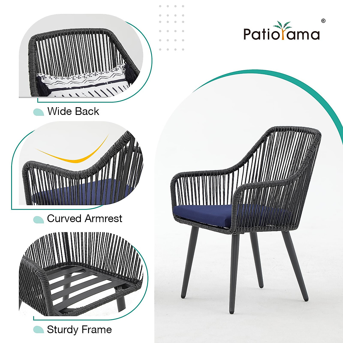 Patiorama 5-Piece Patio Dining Set, Outdoor Dining Table Chair Set, All-Weather Twisted Rattan Wicker Rope Conversation Set, Patio Furniture Set w/Umbrella Hole, 4 Cushioned Chairs&Glass Table(Blue)