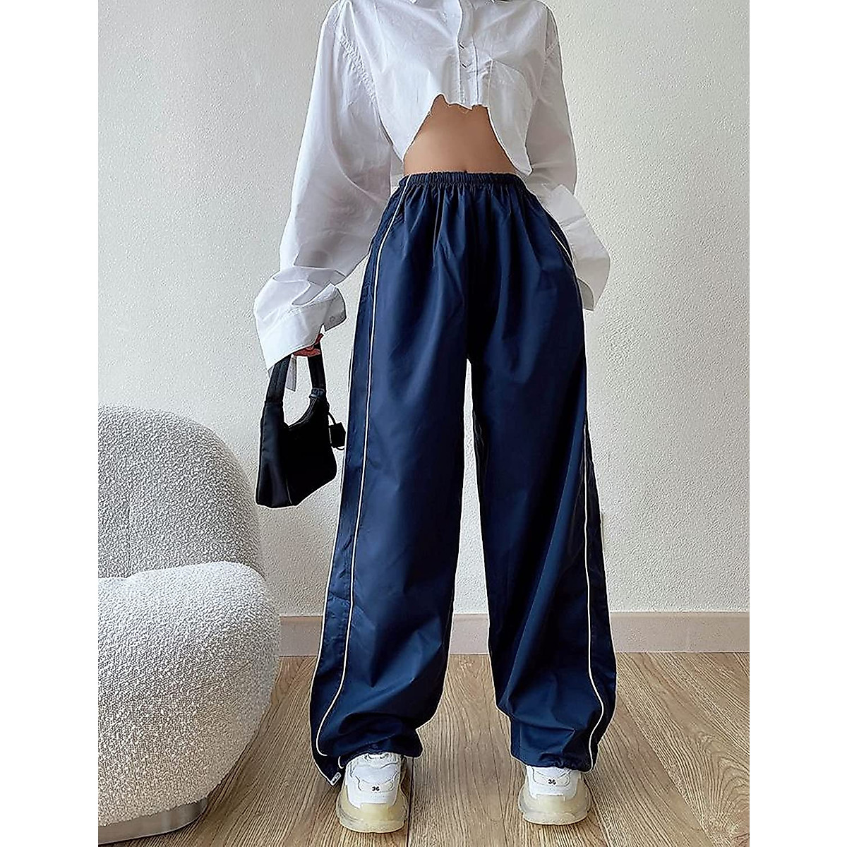 Women's Parachute Pants Cargo Trousers Elastic Waist Wide Leg Track Pants Y2k Clothing (S,Navy Blue)
