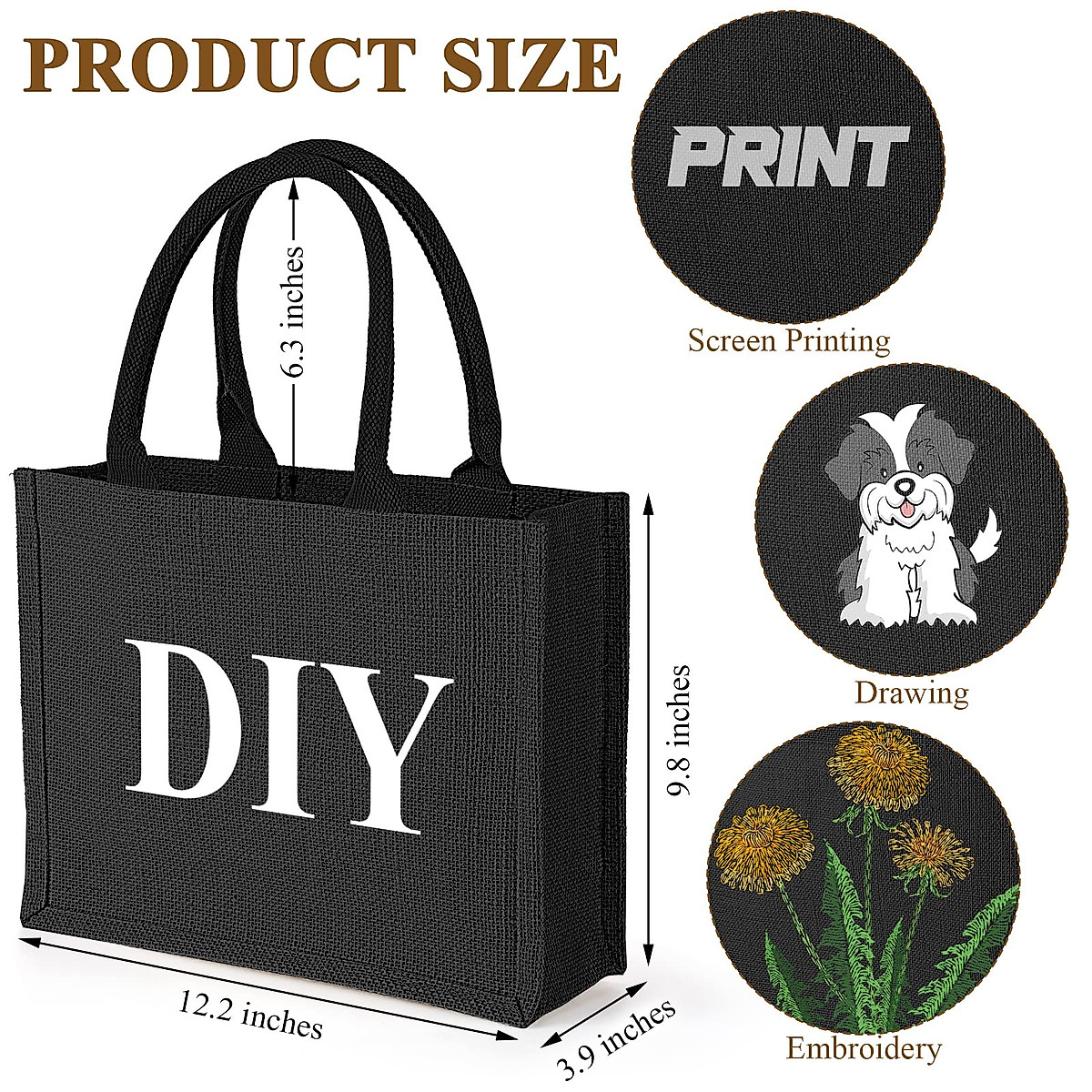 12 Packs Burlap Tote Bags Black Jute Tote Gift Bags Burlap Bags with Handles Blank Reusable Shopping Tote Kitchen Reusable Grocery Bags for Wedding Bridesmaid Market Beach DIY, 12.2 x 3.94 x 9.84 Inch