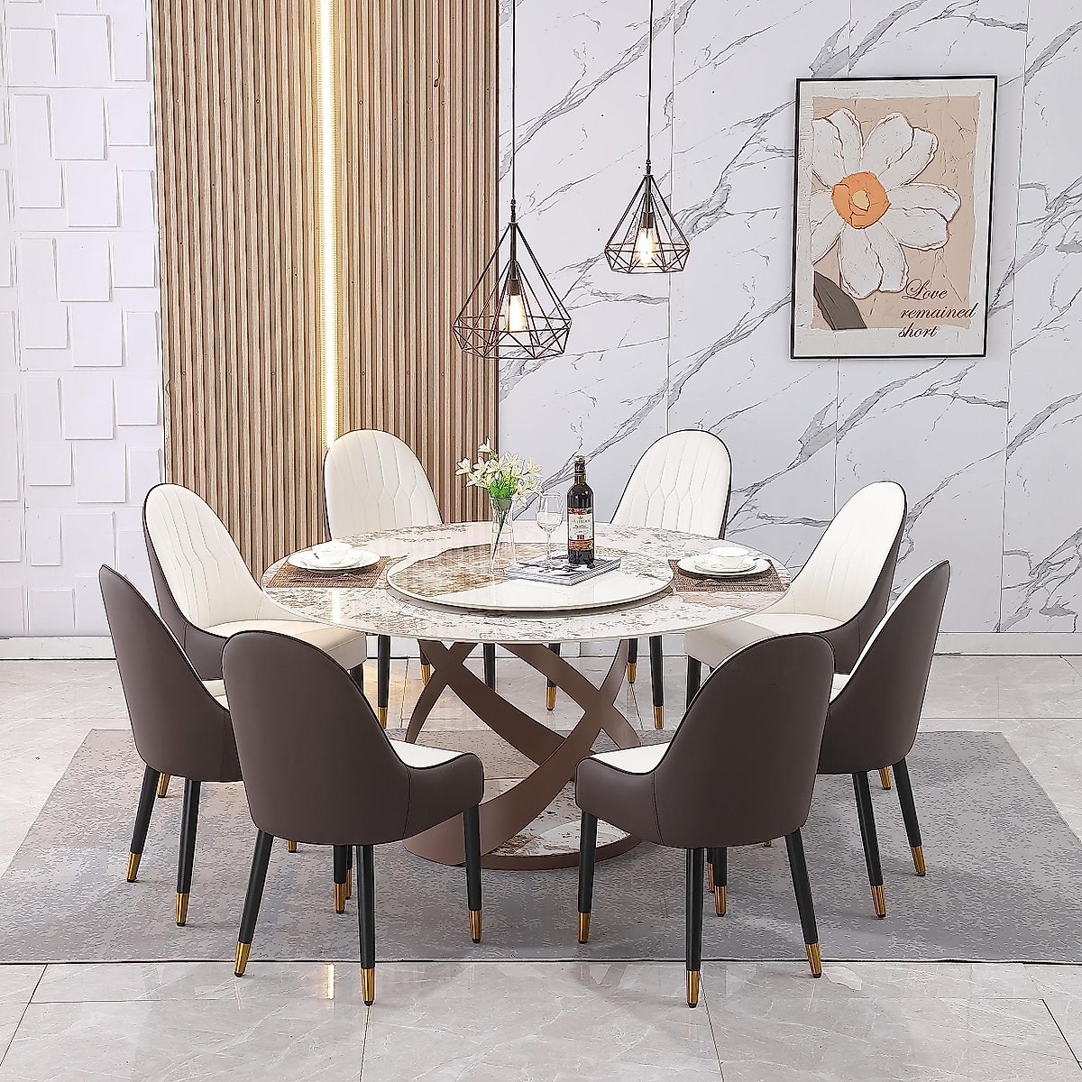 Montary 9 Piece Dining Table Set, Modern Dining Table Set of 8, Round 59" D Faux Marble Dining Table with Lazy Susan, Sintered Stone Dining Table with 8 Dining Chairs, for Dining Room