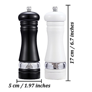 Ousyaah Salt and Pepper Grinder Set, Wooden Manual Salt & Pepper Shakers with Adjustable Coarseness Ceramic Mills, Refillable Grinder Mill Set with Acrylic Visible Window (2x White)