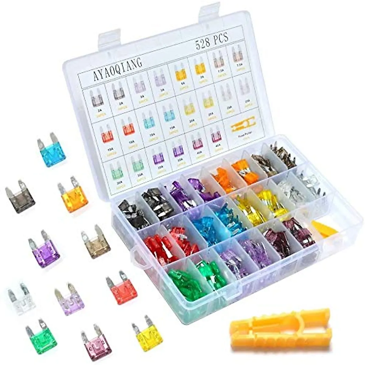 AYAOQIANG 528 pcs Assorted Standard Auto Car Truck Blade Fuses Assortment - 2A 3A 5A 7.5A 10A 15A 20A 25A 30A 35A 40A-ATC/APR/ATO+ATM Boat Automotive Replacement Fuses Kit
