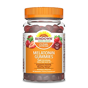 Sundown Melatonin 5mg Gummies for Sleep Support, Non-GMO, Dairy-Free, Gluten-Free, Natural Strawberry Flavor, 60 Count