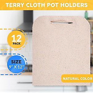 ABC Terry Cloth Pot Holders for Kitchen 9 x 12 Inch. Pack of 12 Natural Color Hot Pads for Kitchen. Washable Pot Holder with Hand Hole. Thick Cotton 460 F Heat Resistant Pot Holders