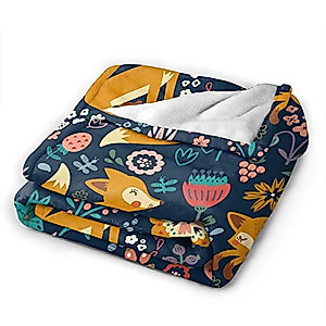 NVJUI JUFOPL Flower and Fox Lightweight Flannel Fleece Soft Throw Blanket for Men's & Women's Teens, Living Room, Bedroom, Couch Bed Sofa Travel Camping 60"x50" Inch