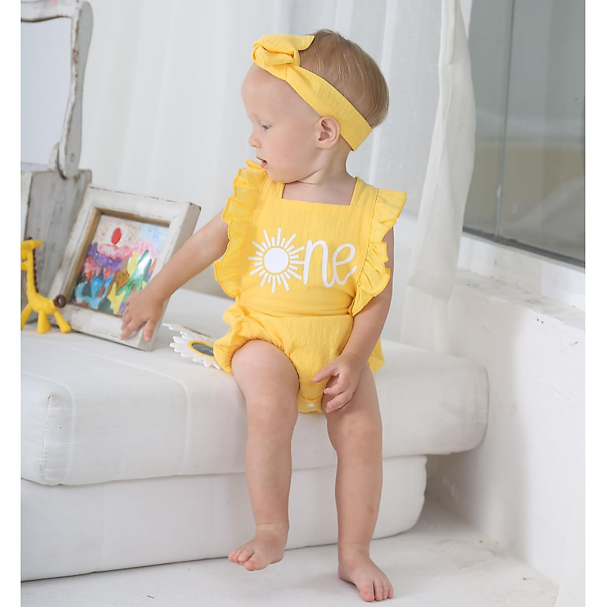 Detigee Baby Girl 1st Birthday Bodysuit Infant Backless Outfit (Yellow Sun, 12-18 Months)