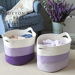 Sea Team Oval Large Cotton Rope Woven Storage Basket with Handles, White & Mottled Lavender, 16 x 13 inches