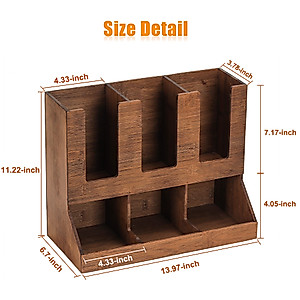 TQVAI Bamboo Coffee Station Organizer, 6 Compartments Condiment Rack Breakroom Accessories Caddy for K Pods, Snack, Tea Bags, Disposable Cups, Retro Brown