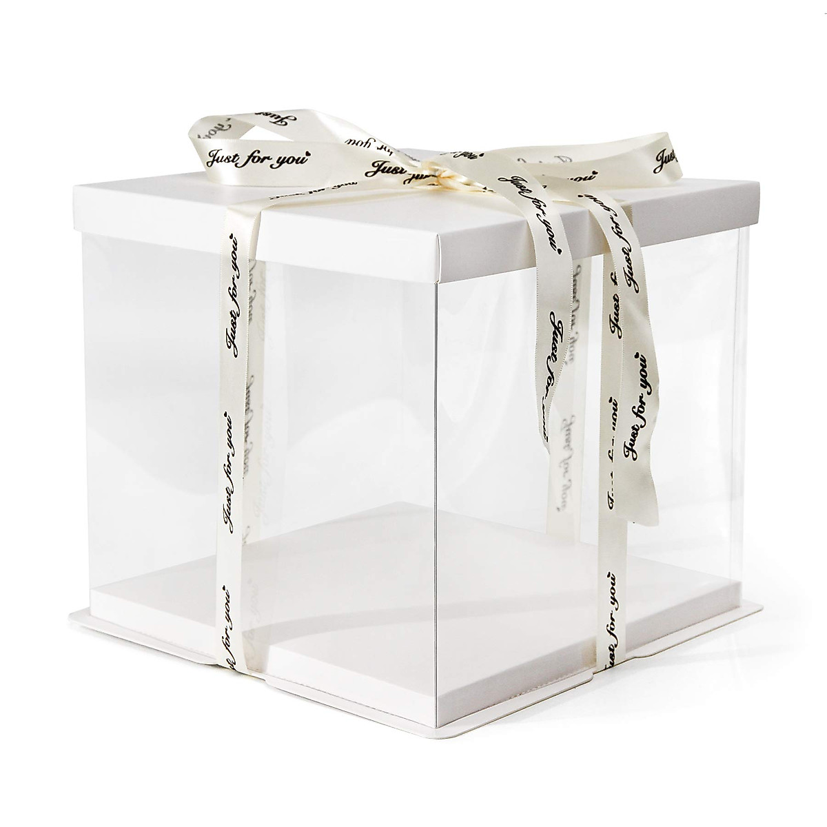 HOYA PONYOO Clear Cake Box, 2-Pack Cake Carrier Container 10" X 10" X 9" with Ribbon Transparent Boxes with Lid Gift Package for Birthday Wedding Party, White