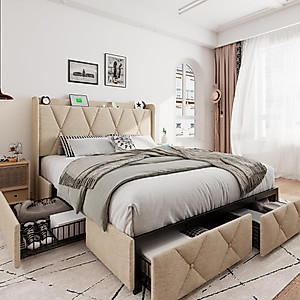 iPormis Queen Bed Frame with 4 Storage Drawers, Upholstered Platform Bed Frame with Charging Station, Modern Wingback Storage Headboard, Easy Assembly, Beige