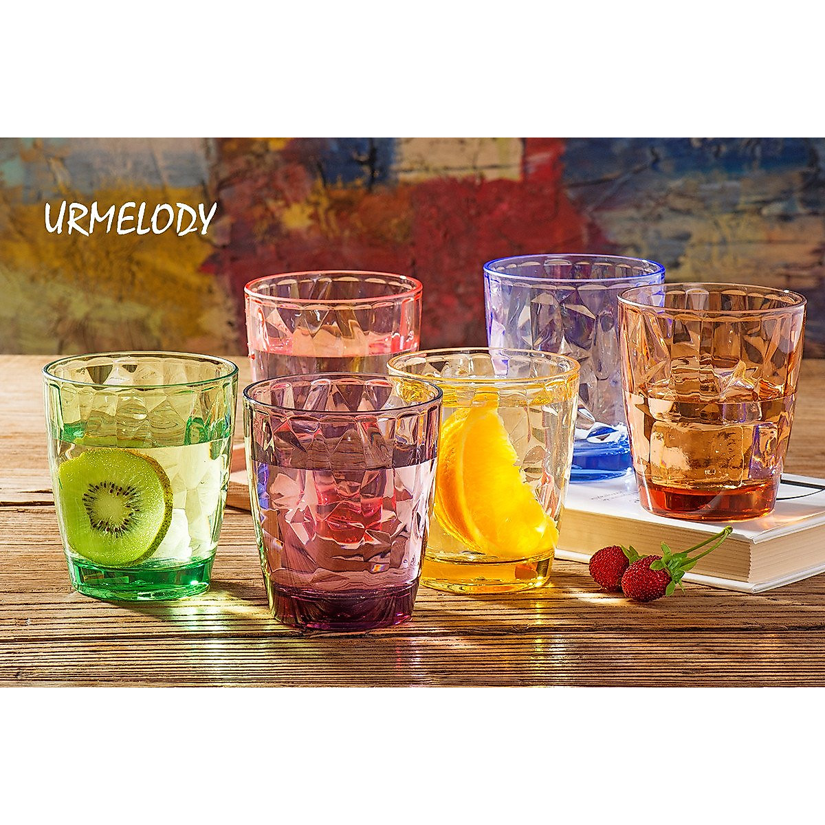 Urmelody 11oz Colored Drinking Glasses Set Acrylic Glassware for Kids Plastic Tumblers Cups Picnic Water Glasses Unbreakable Juice Drinkware for Camping Restaurant Beach BPA Free