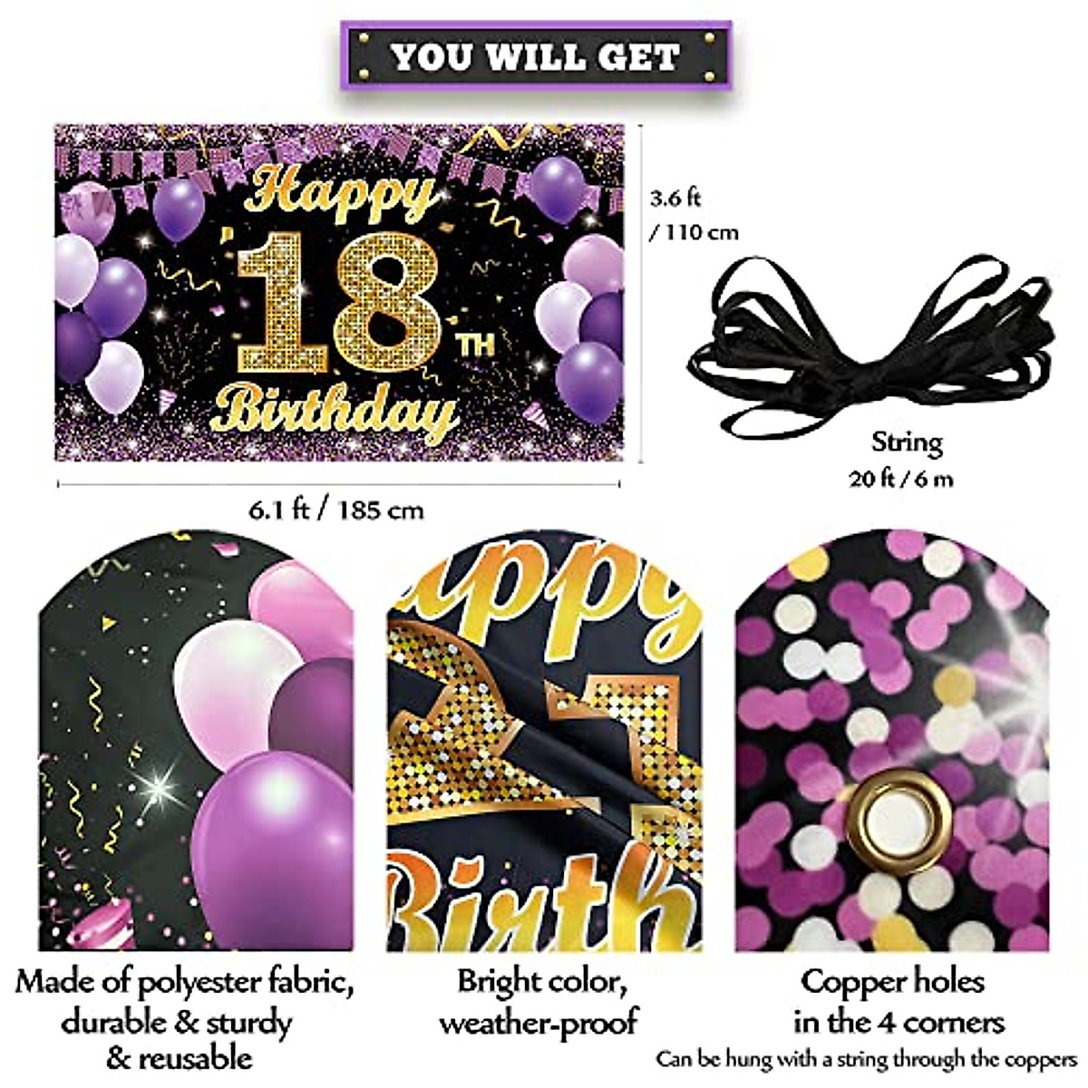 18th Birthday Decoration Backdrop Banner, Happy 18th Birthday Decorations for Girls, Gold Purple 18 Birthday Party Photo Booth Props, 18th Birthday Poster Sign for Her, Fabric 6.1ft x 3.6ft Vicycaty