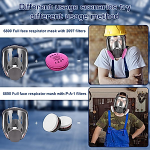 LQIQIZ Reusable Full Face Respirator Mask, Gas Mask Survival Nuclear and Chemical w/Activated Carbon Filter for Painting Dust (6800 with P-A-1 Filter and 2097 Filters)