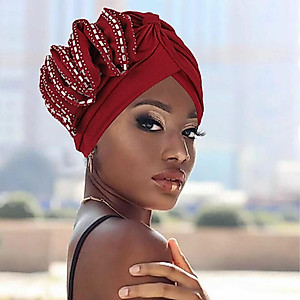 Urieo African Women Turban Cap Crystal Beanie Head Wrap Ruffle Headwrap Hat Pack of 2