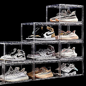 STAHMFOVER Clear Shoe Box, Set of 9 Stackable Plastic Sneaker Box Container, Magnetic Side Open Shoe Organizer and Shoes Storage Case, Full Transparent to Display Sneakers