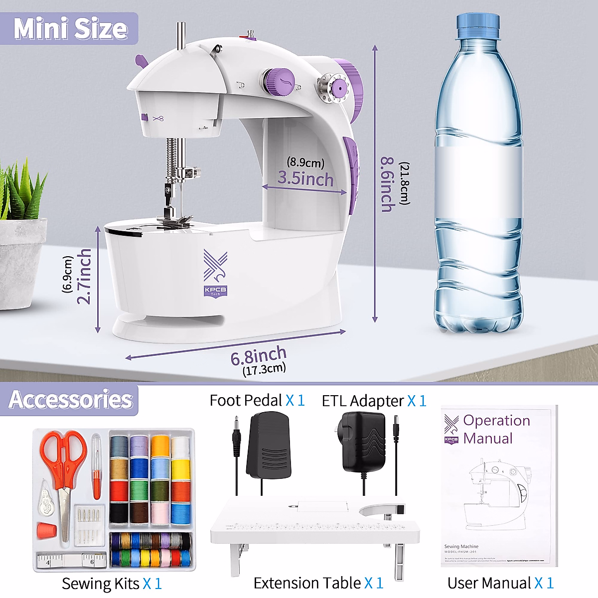 Mini Sewing Machine with 42PCS Sewing Kit, Foot Pedal, Adapter (Purple)