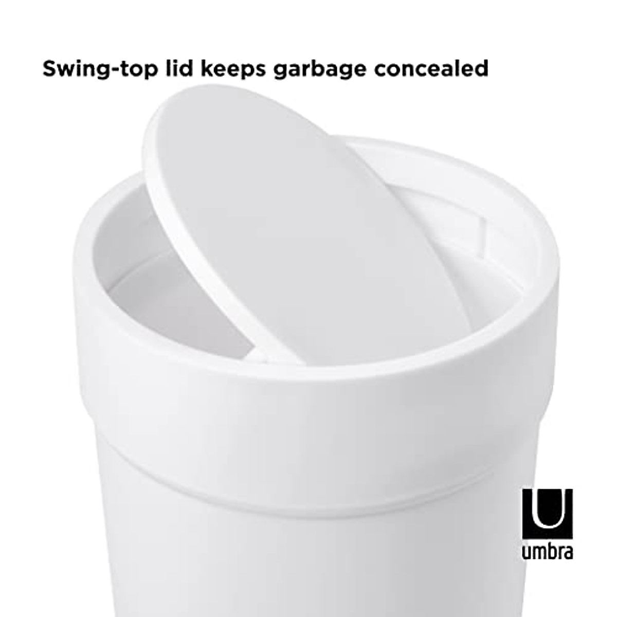 Umbra Touch Waste Can, Small Trash Can with Lid, Swing Lid Waste Basket, Garbage Can with Lid for Washroom/Bathroom, White