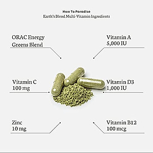 Paradise Earth's Blend Multivitamin, No Iron, One Daily Superfood, Stress & Energy Adaptogens, Probiotics for Gut Health, Immune Boosting Mushrooms, Non-GMO, Gluten Free, 60 Vegetarian Capsules