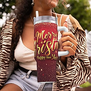 deaokluy 40 OZ Christmas Ice Bully Cup with Handle Straw Lid, Double Wall Stainless Steel Tumbler Travel Coffee Cup, Merry Insulation and Cooling Cup for Christmas Birthday Present