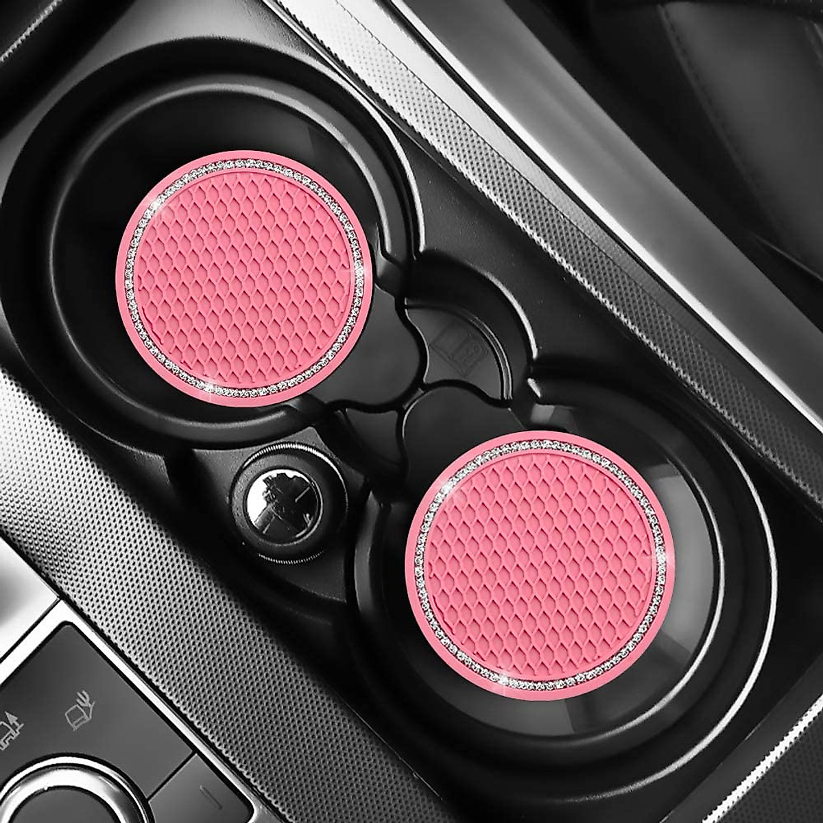 Bling Car Coasters Pink PVC Travel Auto Cup Holder Insert Coaster Anti Slip Crystal Vehicle Interior Accessories Cup Mats for Women and Girl (2.75" Diameter,Pack of 2) (Pink)