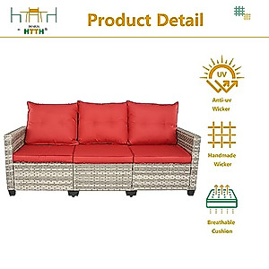 HTTH Patio Furniture Sets PE Rattan Wicker Outdoor Conversation Set Patio Sectional Sets Patio Sofa Couch Set with 2 Ottomans for Porch, Balcony, Lawn (Gray-Red)