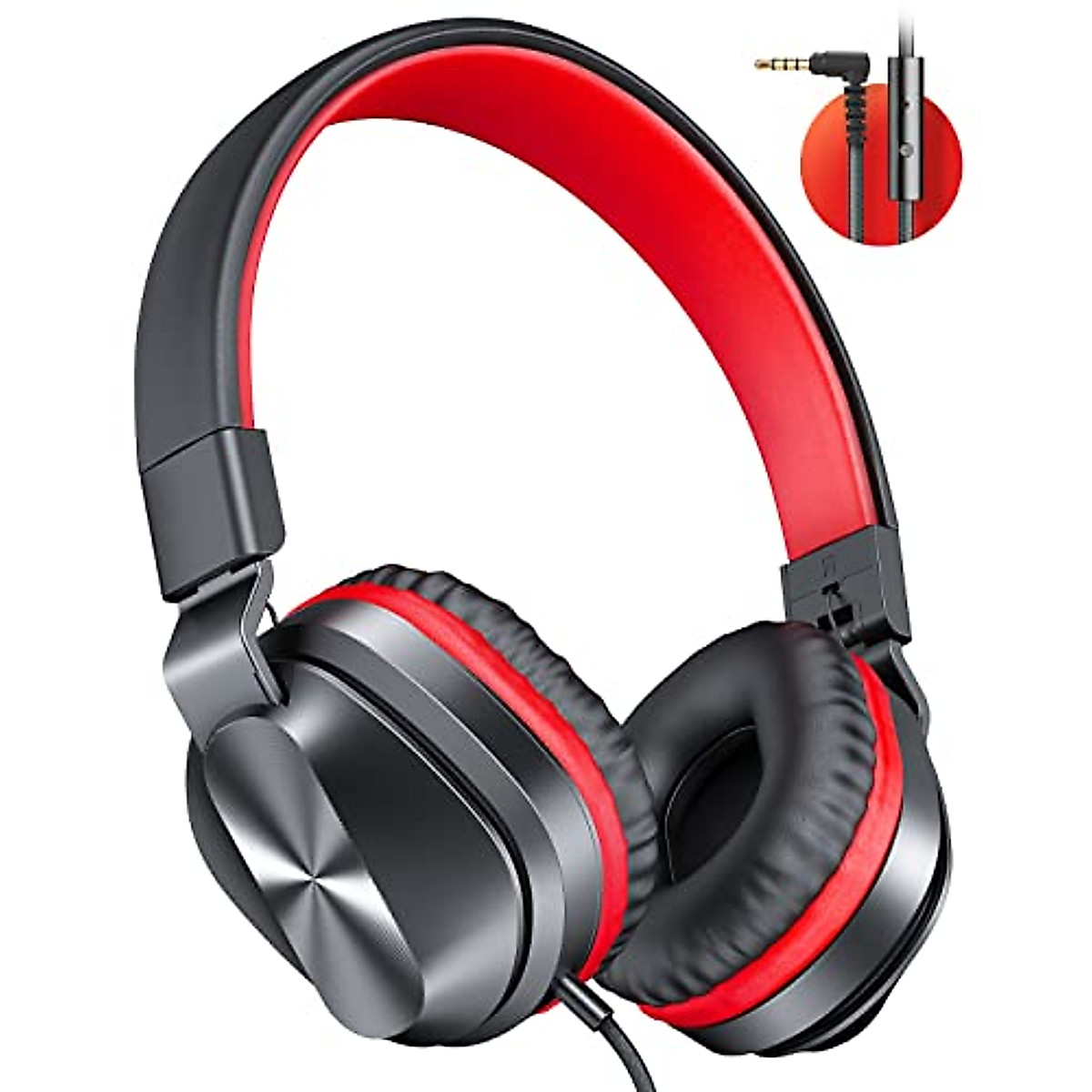 On-Ear Headphones with Microphone, 2022 Newest Foldable Wired Headphones for Adults Kids, Lightweight Portable Stereo Headphones with 1.5M Tangle-Free Cord for School Home, Black in Red (AB078)