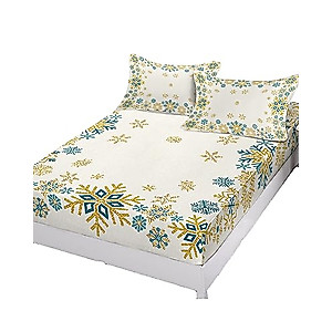 Twin Size Fitted Sheet Bed Set Christmas Abstract Snowflake Texture Deep Pocket Soft Bottom Sheets&Pillowcases for Bedroom Decor Gold Blue Snow Flower on Flax,Fits Mattress Up to 16" Deep