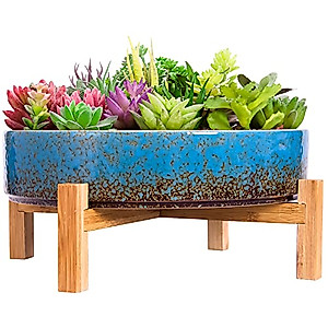 ARTKETTY Succulent Pots, 11 Inch Large Succulent Planters Pots with Drainage Ceramic Bonsai Pots with Bamboo Stand, Shallow Planters for Indoor/Outdoor Plants Modern Cactus Flower Plant Bowl (Blue)