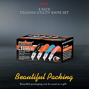 HORUSDY 4-Pack Folding Utility Knife, Box Cutter for Cardboard, Boxes and Cartons, Extra 10pcs SK5 Quick Change Blades.
