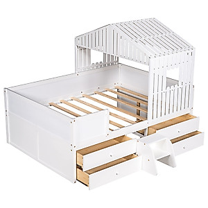 House Low Loft Bed with Trundle and Full-Length Guardrails,Wooden Bed Frame with with A Roof and Window for Bedroom (White with 4 Drawers, Full)