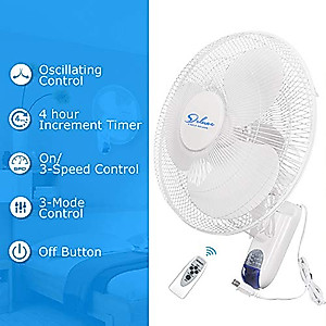 Simple Deluxe 16 Inch Digital Wall Mount Fan with Remote Control 3 Speed-3 Oscillating Modes-72 Inches Power Cord, ETL Certified-White, 16"