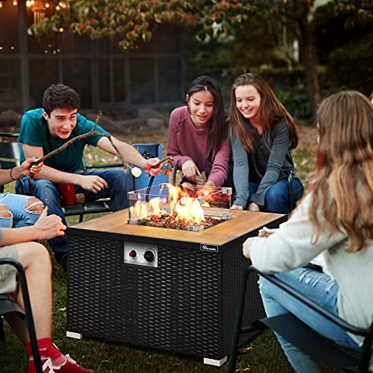 YITAHOME 32 Inch Propane Fire Pit Table, 40,000 BTU Gas Fire Pit with Ignition Systems, Ceramic Tabletop, Lava Rock, Cover, Lid Hanger, Square Outdoor Firetable for Patio Garden Backyard (Black)