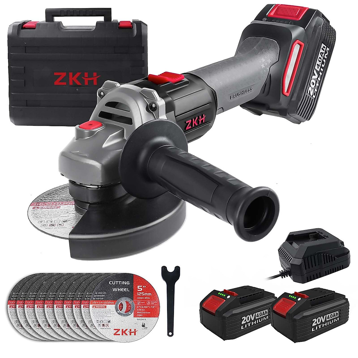ZKH Cordless Angle Grinder Kit - 8500RPM Brushless Motor, 20V Power Angle Grinder Tool w/2 x 4.0Ah Batteries & Fast Charger, 4-1/2" Cutting Off Wheels, Auxiliary Handle, Heavy Duty Tool Case