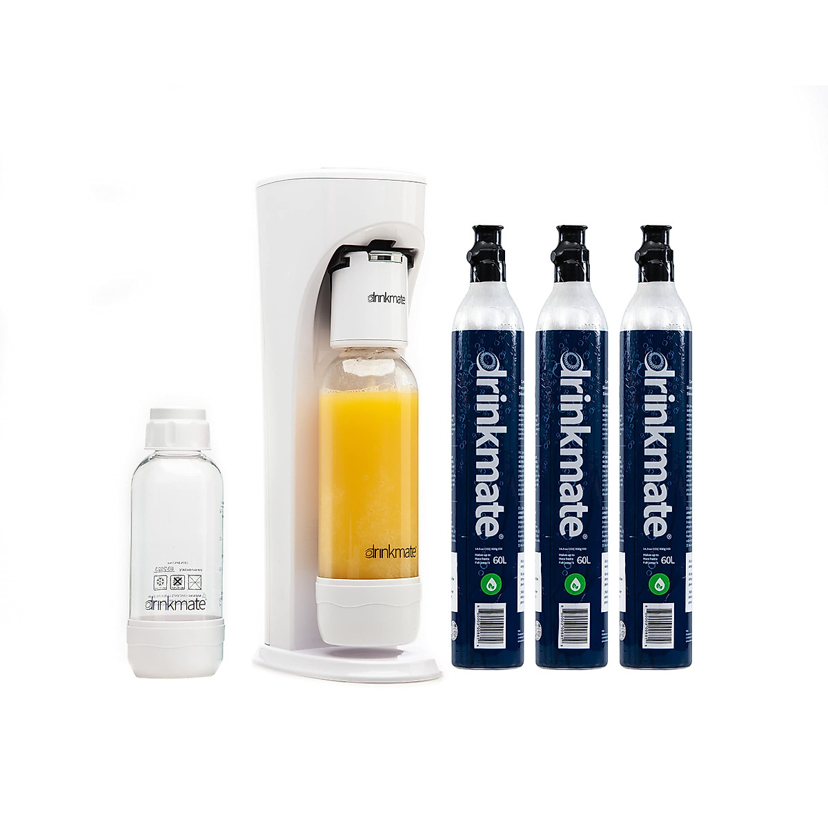 Drinkmate OmniFizz Sparkling Water and Soda Maker, Carbonates Any Drink, ULTIMATE BUNDLE - Includes three 60L CO2 Cylinders, Two Carbonation Bottles, and Fizz Infuser (Classic White)