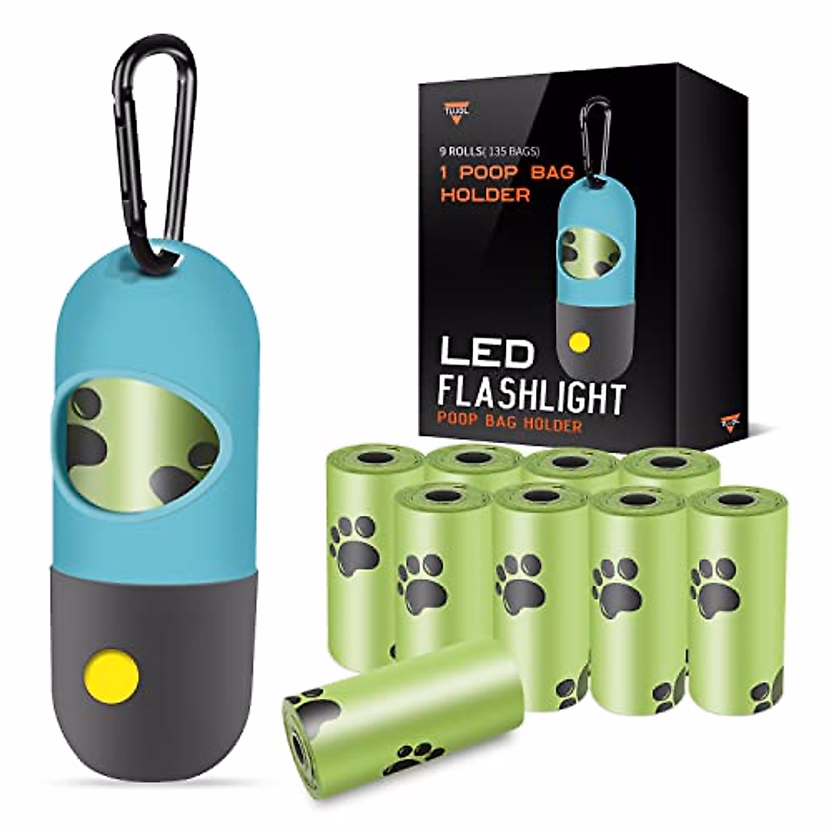 Dog Poop Bag Holder Built-in LED Flashlight with 9 Rolls Leak-proof Doggie Bags for Poop, Dog Poop Bag Dispenser for Leash with Carabiner Clip, Blue