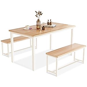 Recaceik 3 Piece Dining Table Set, 47.2" Kitchen Table and Chairs for 4, Dining Table with 2 Benches, Sturdy Structure, Space-Saving Dining Room Furniture Set Perfect for Breakfast Nook, Restaurant