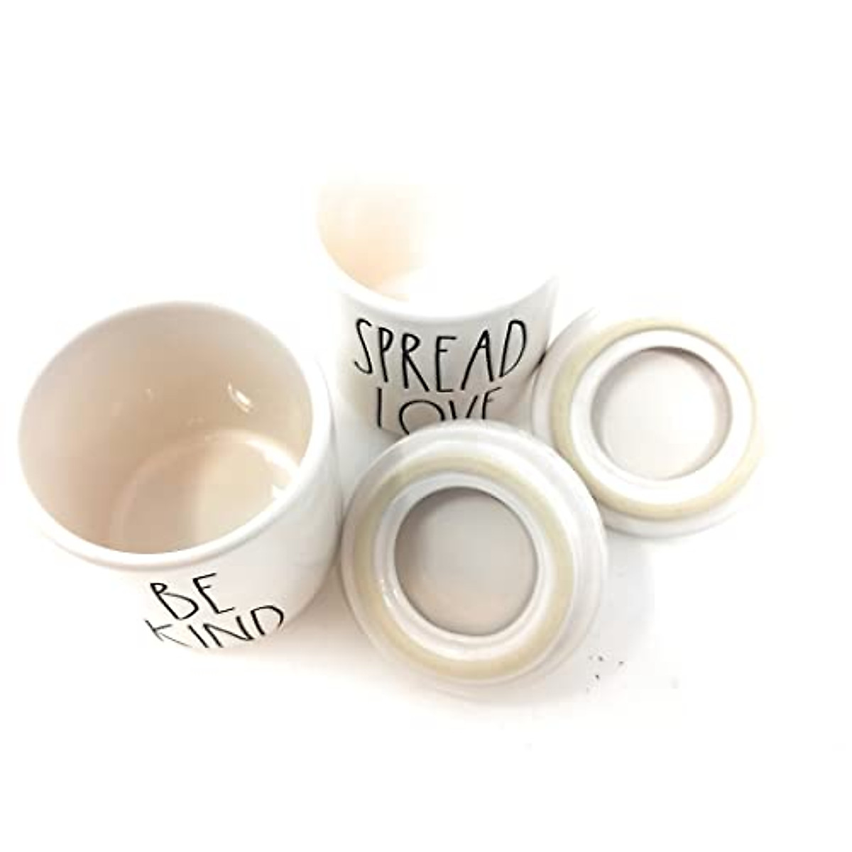 Rae Dunn by Magenta LL BE KIND and SPREAD LOVE Jar Set, Rainbow Handles, 4" tall x 2.75" wide each, Ceramic Jars, Bathroom, Bedroom, Make Up, Holder, Storage, Canister, Organizer
