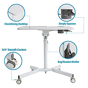 Mobile Sit Stand Desk - Height Adjustable Standing Laptop Desk Cart Rolling Couch Table on Wheels White Workstation with Gas Spring Riser for Home Office Classroom